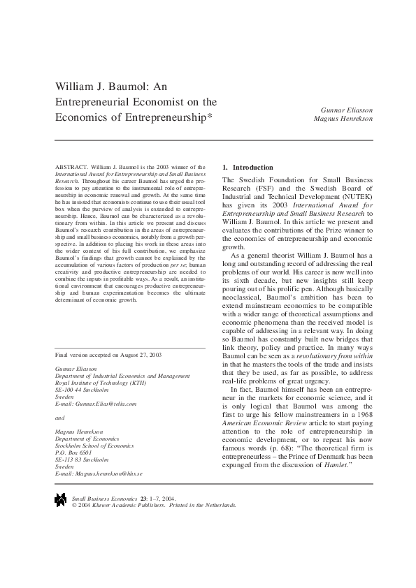 (PDF) William J. Baumol: An Entrepreneurial Economist on the Economics ...