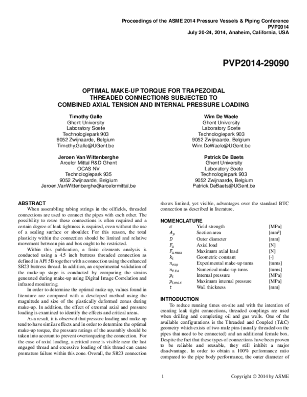 (PDF) Optimal Make-Up Torque for Trapezoidal Threaded Connections ...