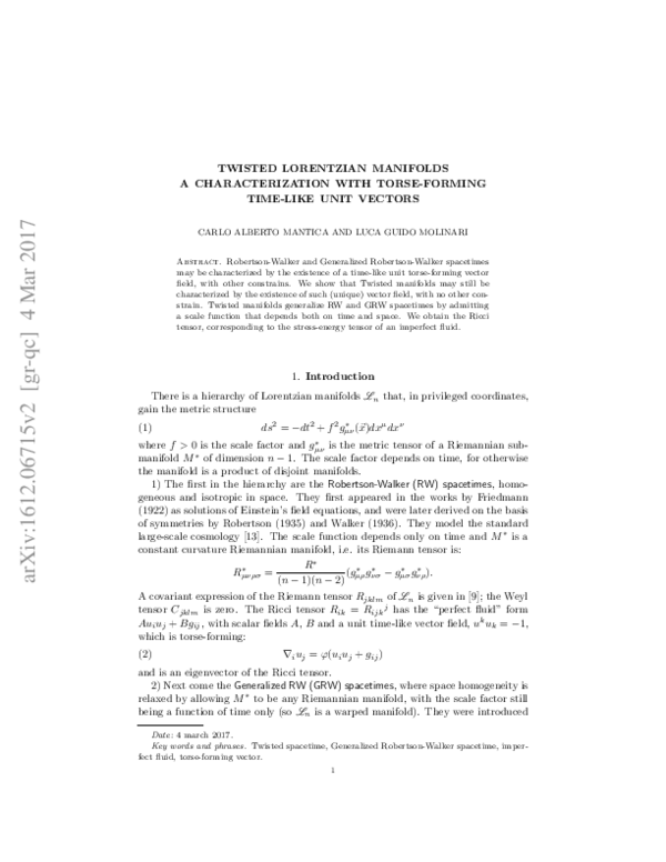 (PDF) Twisted Lorentzian manifolds: a characterization with torse ...