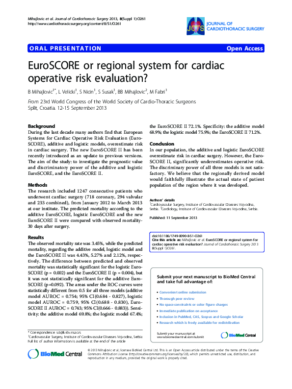 (PDF) EuroSCORE or regional system for cardiac operative risk evaluation?