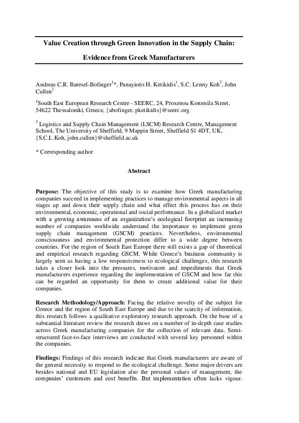 (PDF) Value Creation through Green Innovation in the Supply Chain ...
