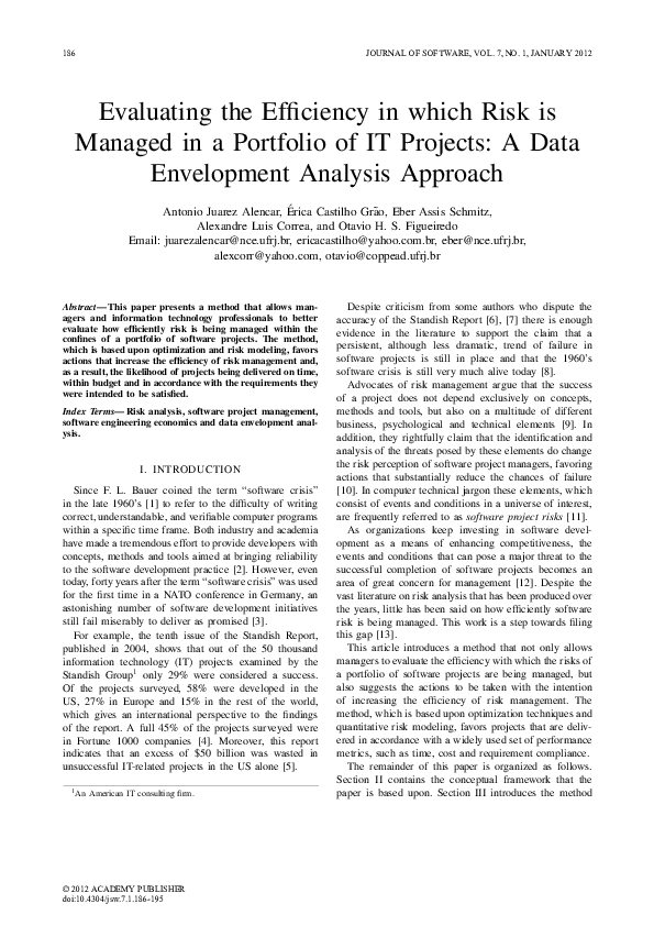 (PDF) Evaluating the Efficiency in which Risk is Managed in a Portfolio of IT Projects: A Data ...