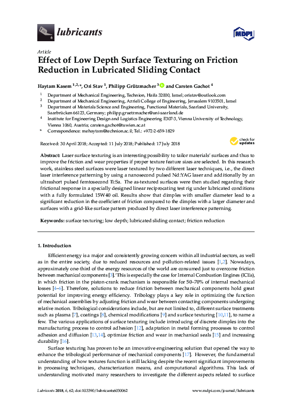Pdf Effect Of Low Depth Surface Texturing On Friction Reduction In Lubricated Sliding Contact