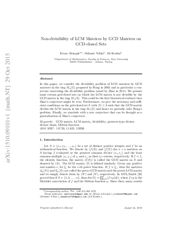 (PDF) Non-divisibility of LCM matrices by GCD matrices on gcd-closed sets