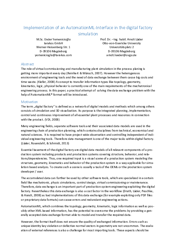 (PDF) Implementation of an AutomationML-Interface in the digital factory simulation