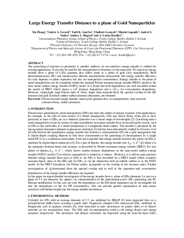 (PDF) Large energy transfer distance to a plane of gold nanoparticles