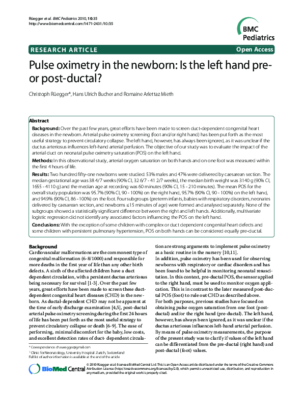 (PDF) Pulse oximetry in the newborn: Is the left hand pre- or post-ductal?