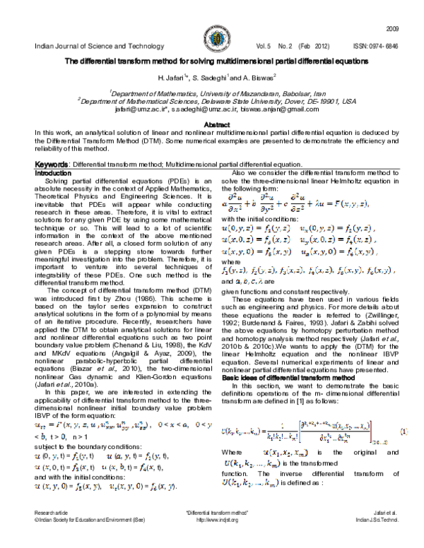 Pdf The Differential Transform Method For Solving Multidimensional