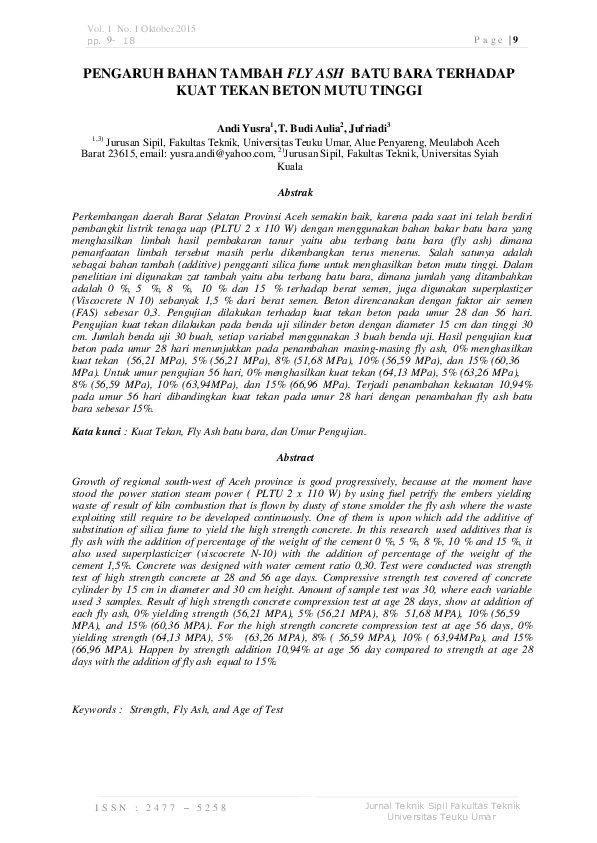 (PDF) Pengaruh Bahan Tambah Fly Ash Batu Bara Terhadap Kuat Tekan Beton Mutu Tinggi