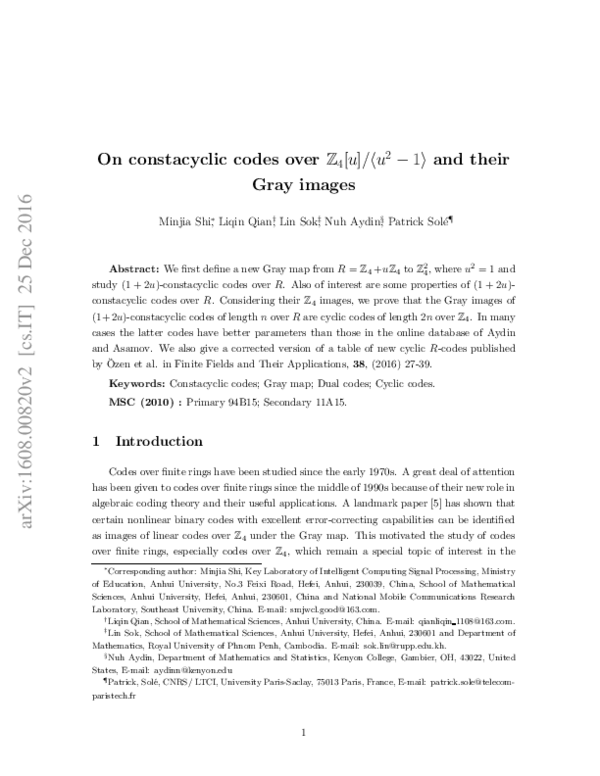 (PDF) On constacyclic codes over Z 4 [ u ] / 〈 u 2 − 1 〉 and their Gray ...
