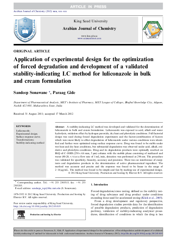 Pdf Application Of An Experimental Design For The Optimization And Validation Of A New Hplc