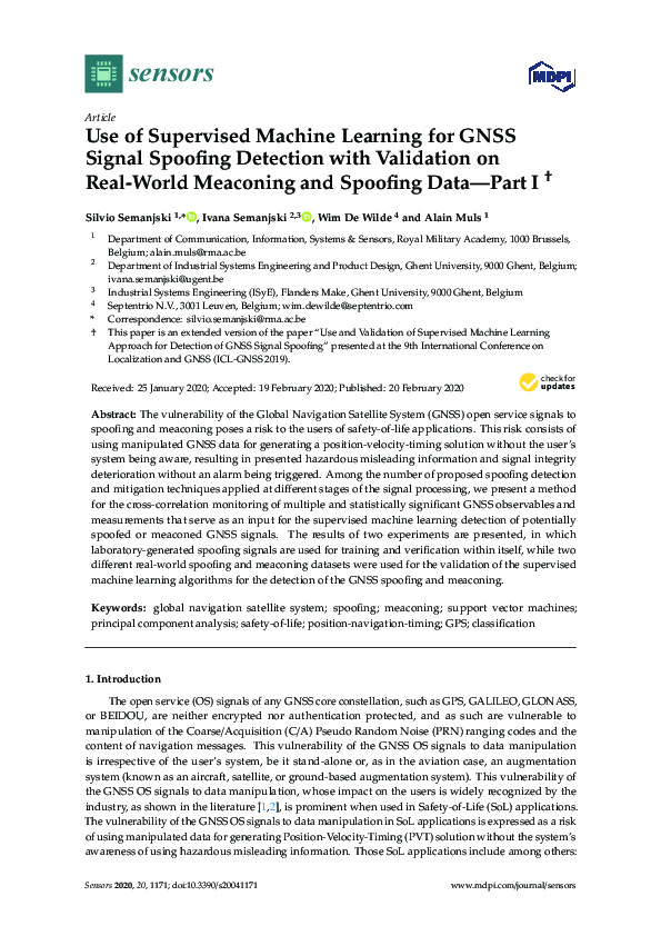 Pdf Use Of Supervised Machine Learning For Gnss Signal Spoofing Detection With Validation On
