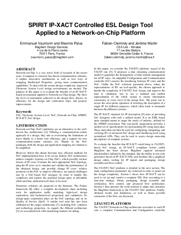 (PDF) SPIRIT IP-XACT Controlled ESL Design Tool Applied to a Network-on-Chip Platform