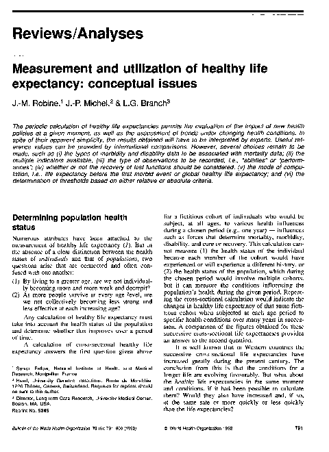 (PDF) Measurement and utilization of healthy life expectancy ...
