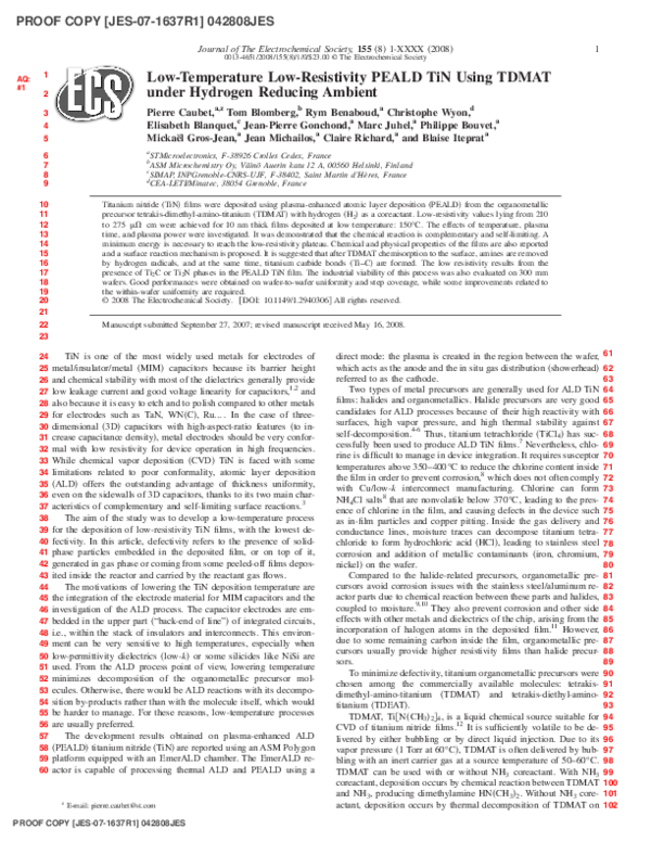 (PDF) Low-Temperature Low-Resistivity PEALD TiN Using TDMAT under ...
