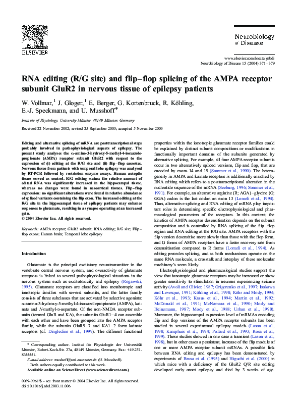(PDF) RNA editing (R/G site) and flip–flop splicing of the AMPA ...