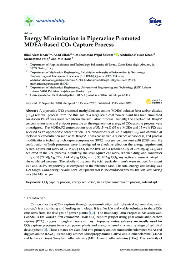 (PDF) Energy Minimization in Piperazine Promoted MDEA-Based CO2 Capture Process