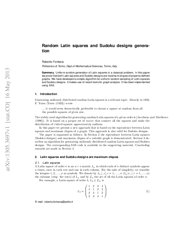 (PDF) Random Latin squares and Sudoku designs generation