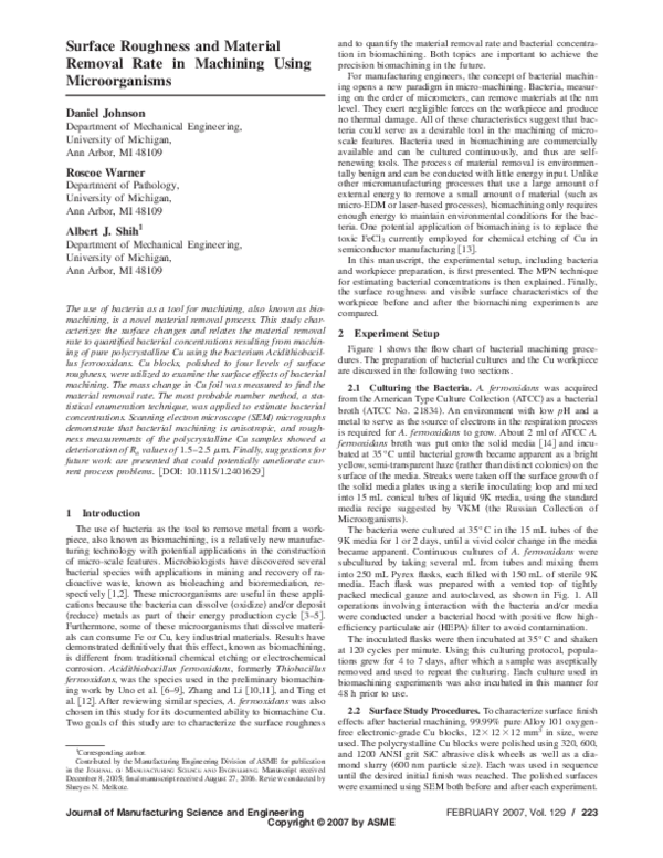 Pdf Surface Roughness And Material Removal Rate In Machining Using Microorganisms