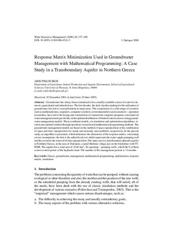 (PDF) Response Matrix Minimization Used in Groundwater Management with Mathematical Programming ...