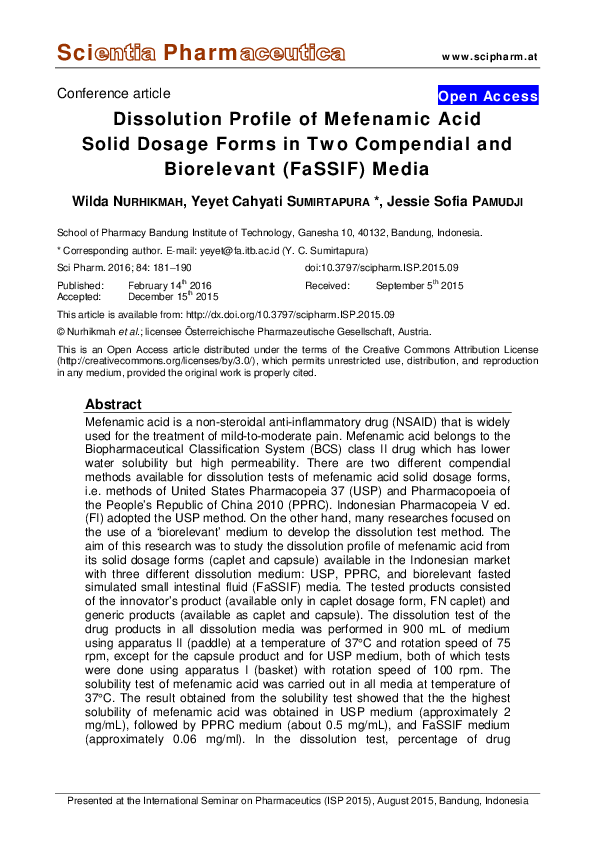 (PDF) Dissolution Profile of Mefenamic Acid Solid Dosage Forms in Two ...