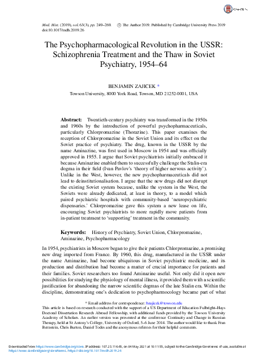 (PDF) The Psychopharmacological Revolution in the USSR: Schizophrenia ...