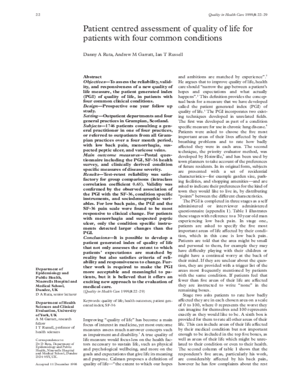 (PDF) Patient centred assessment of quality of life for patients with ...
