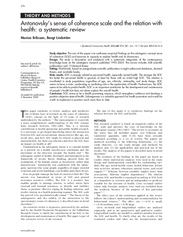 (PDF) Antonovsky's sense of coherence scale and the relation with ...