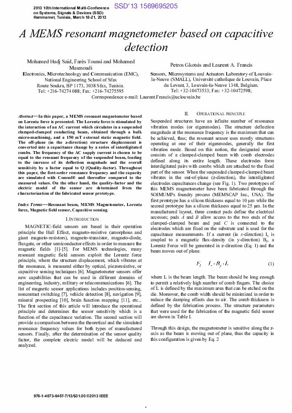 (PDF) A MEMS resonant magnetometer based on capacitive detection