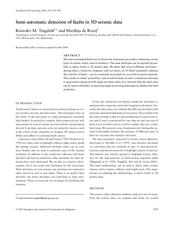 (PDF) Semi-automatic detection of faults in 3D seismic data