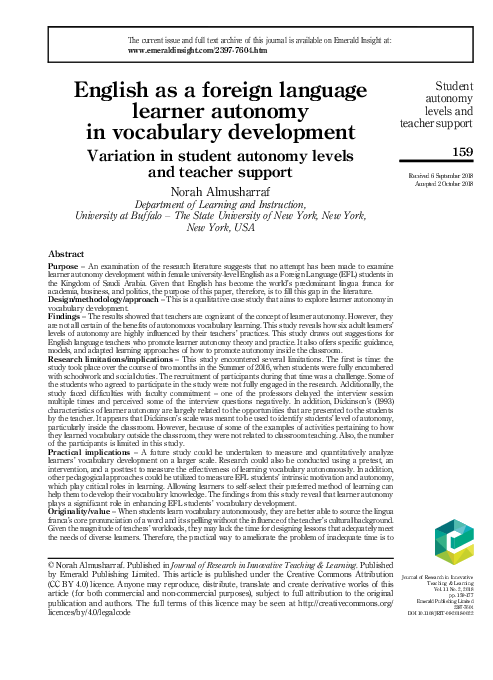 (PDF) English as a foreign language learner autonomy in vocabulary development
