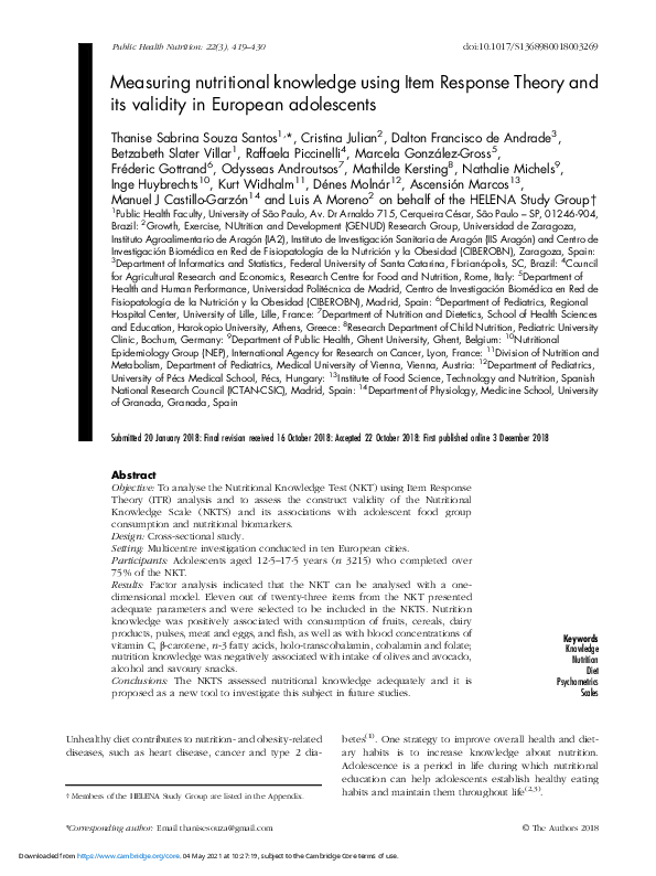 (PDF) Measuring nutritional knowledge using Item Response Theory and ...