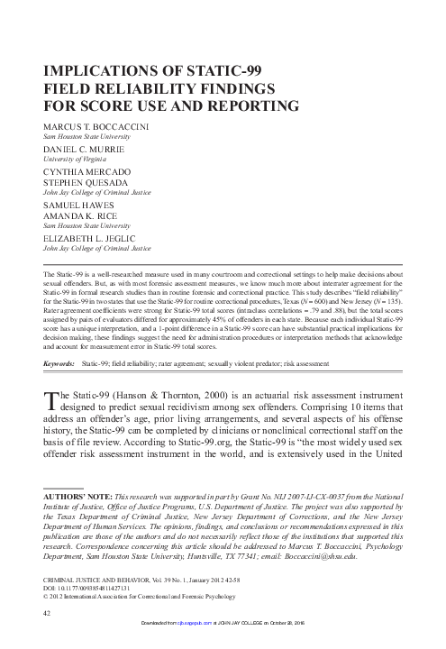 (PDF) Implications of Static-99 Field Reliability Findings for Score ...