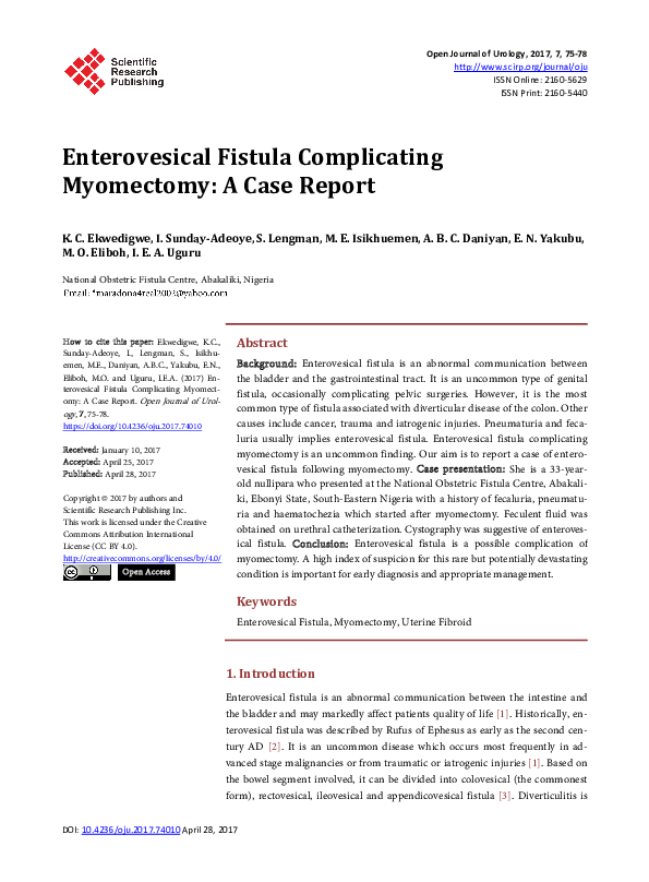 (PDF) Enterovesical Fistula Complicating Myomectomy: A Case Report