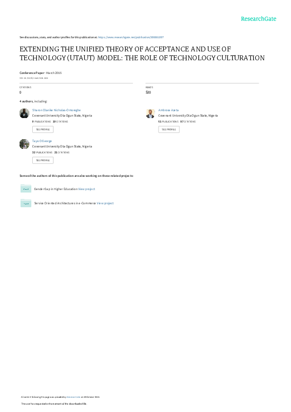 (PDF) Extending the Unified Theory of Acceptance and Use of Technology (Utaut) Model: The Role ...