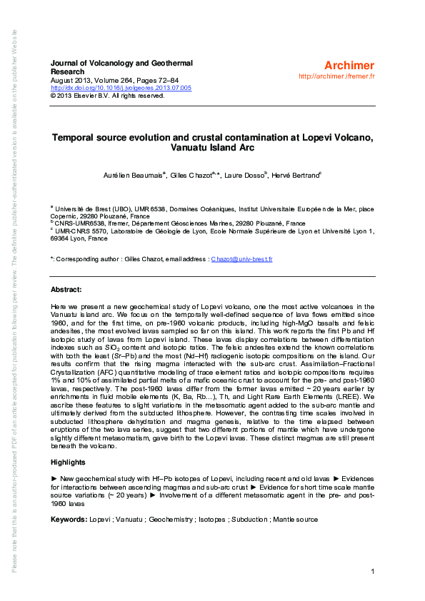(PDF) Temporal source evolution and crustal contamination at Lopevi ...