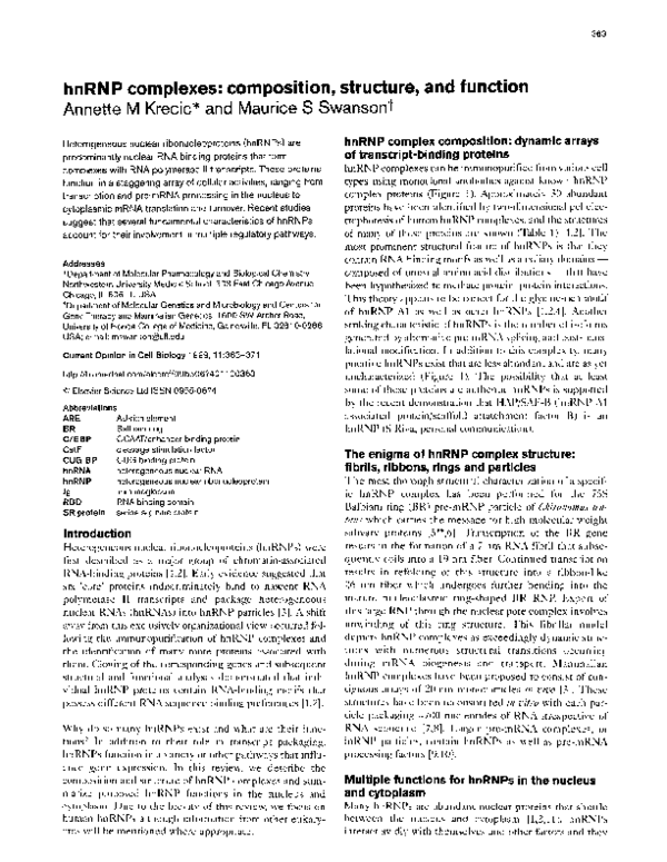 (PDF) hnRNP complexes: composition, structure, and function
