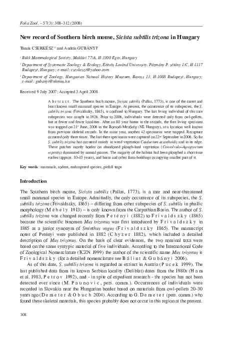 (PDF) New record of Southern birch mouse (Sicista subtilis trizona) in ...