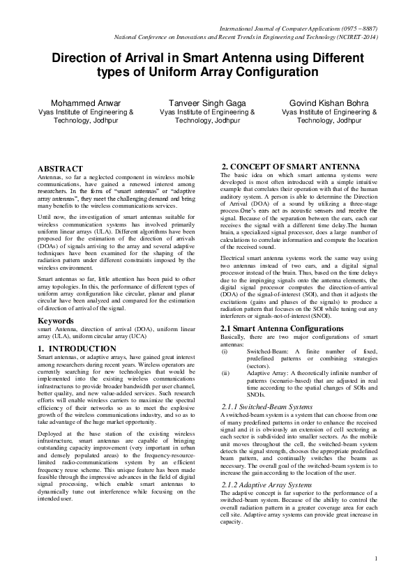 (PDF) Direction of Arrival in Smart Antenna using different types of Uniform Array Configuration
