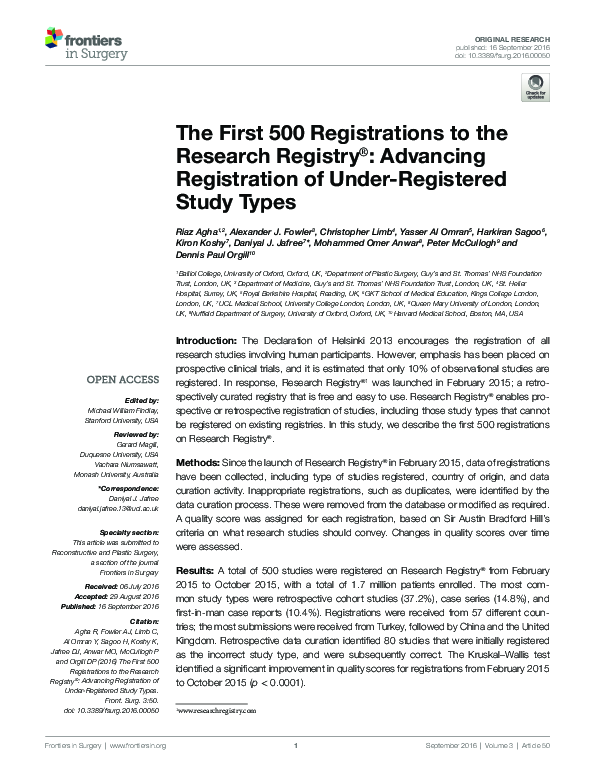 (PDF) The First 500 Registrations to the Research Registry®: Advancing ...