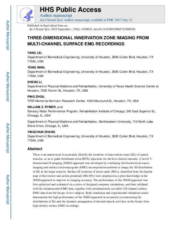 (PDF) Three-Dimensional Innervation Zone Imaging from Multi-Channel Surface EMG Recordings