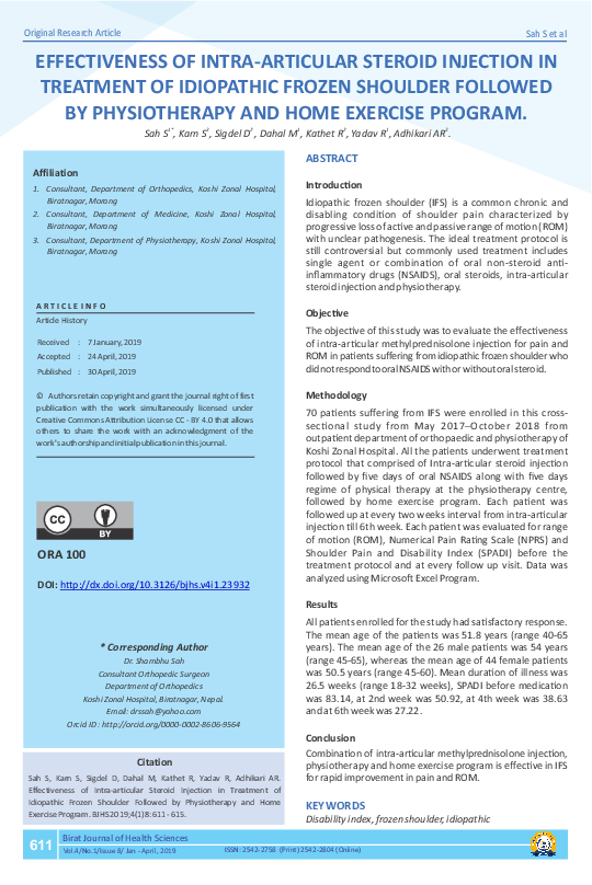 (PDF) Effectiveness of Intra-articular Steroid Injection in Treatment ...