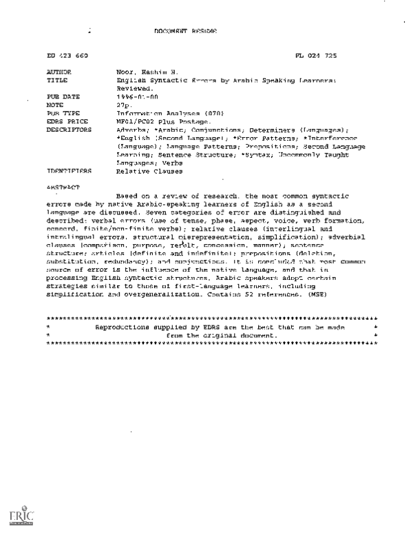 Pdf English Syntactic Errors By Arabic Speaking Learners Reviewed