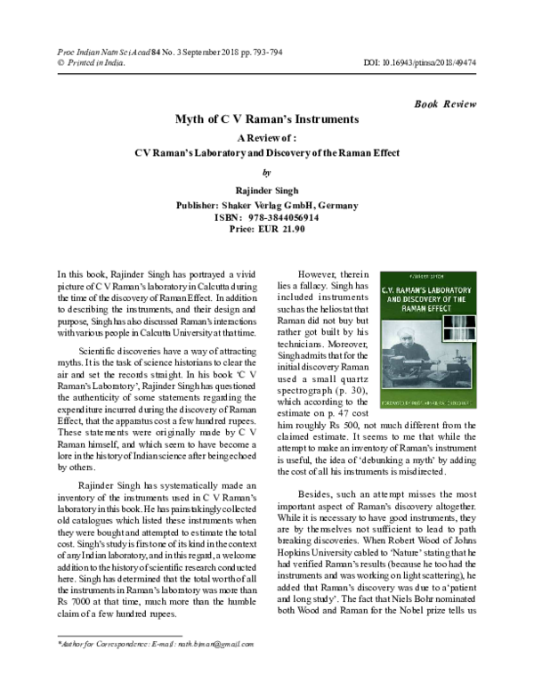(PDF) Book Review: C V Raman’s Laboratory and Discovery of the Raman ...