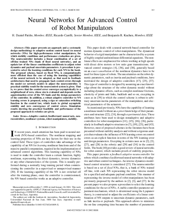Pdf Neural Networks For Advanced Control Of Robot Manipulators