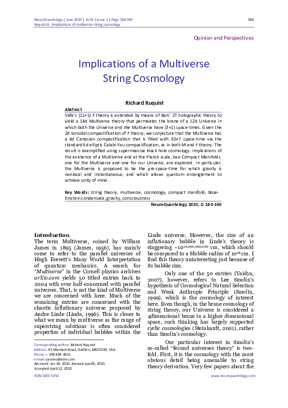 (PDF) Implications of a Multiverse String Cosmology