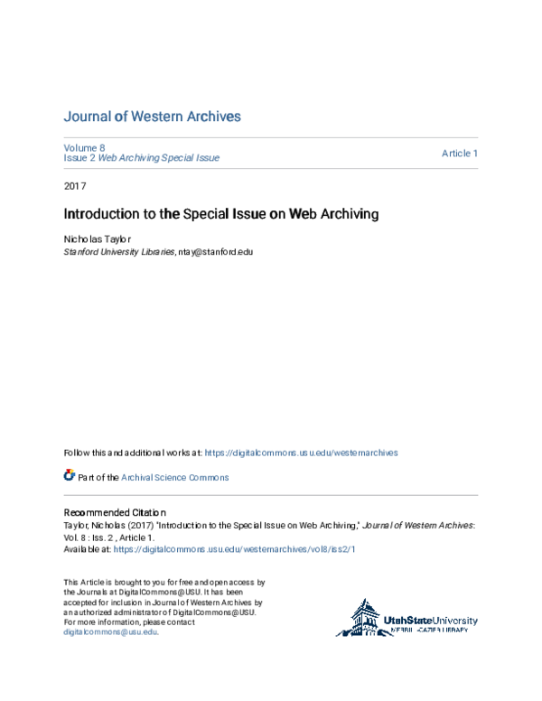 (PDF) Introduction to the Special Issue on Web Archiving