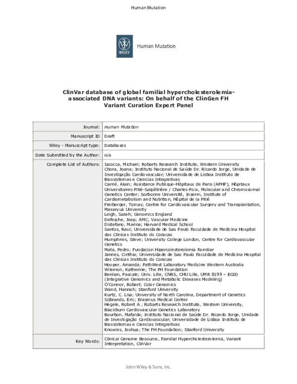 (PDF) ClinVar database of global familial hypercholesterolemia ...