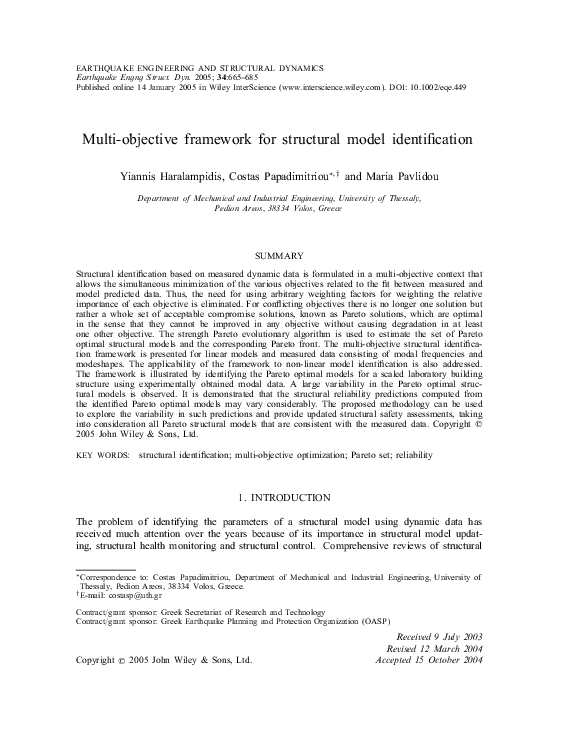 (PDF) Multi-objective framework for structural model identification