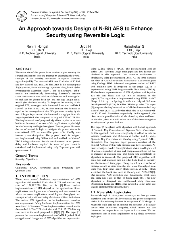 Pdf An Approach Towards Design Of N Bit Aes To Enhance Security Using Reversible Logic